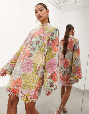ASOS EDITION - Robe courte à col montant à sequins, franges et imprimé fleurs de couleurs vives ...