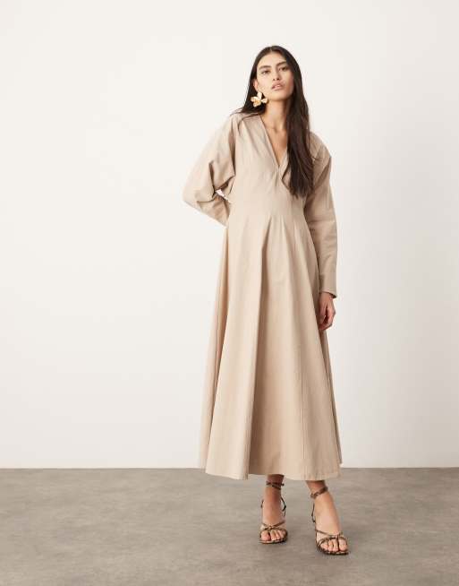 Asos Edition Robe Longueur Mollet à Col En V Et Manches Longues Taupe Asos