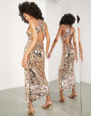 ASOS EDITION - Robe mi-longue à sequins et décolleté plongeant - Doré | ASOS