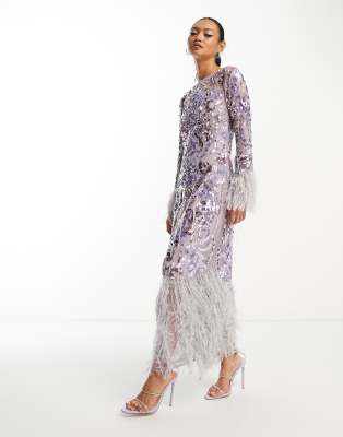 ASOS EDITION - Robe mi-longue à sequins et franges en plumes synthétiques - Lilas | ASOS