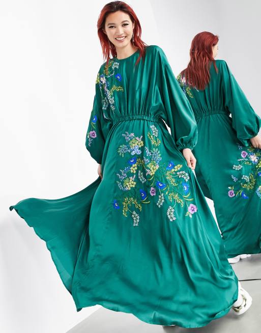 Asos Edition Robe Mi Longue Brodée Et Ornée De Perles Vert Forêt Asos