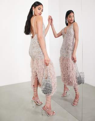 ASOS EDITION - Robe nuisette mi-longue à perles et strass avec ourlet à plumes synthétiques ...
