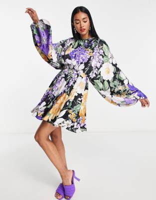 Asos Design Satin Mini Dress With Blouson Sleeve In Floral Print Multi