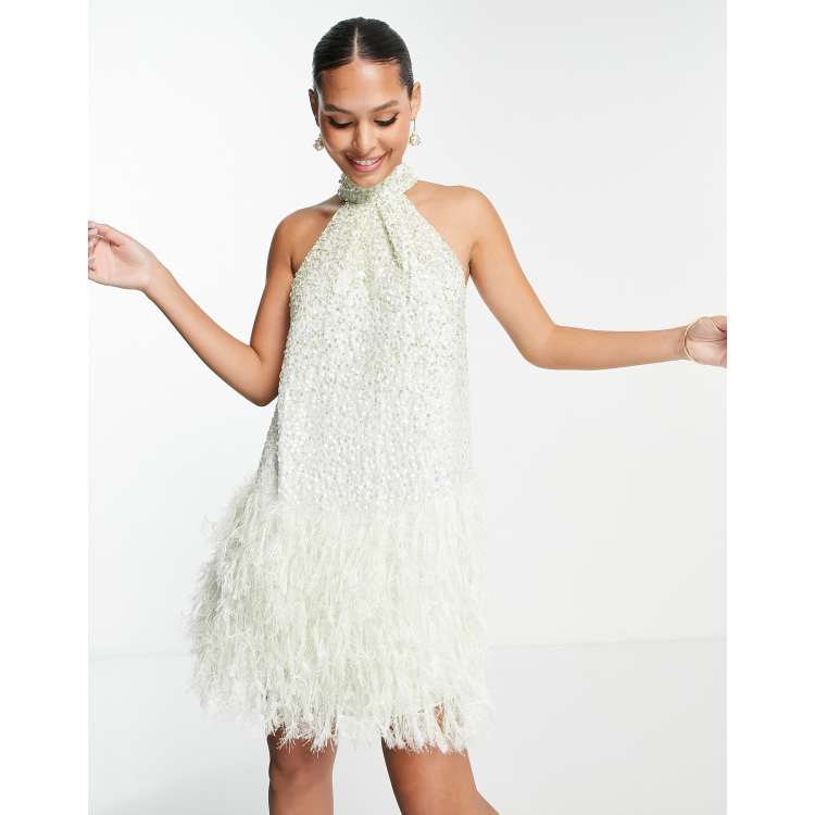 Asos Design Disc Sequin Halter Mini Dress In White Discount