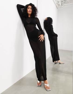 ASOS EDITION sheer knitted long sleeve maxi dress in black | ASOS