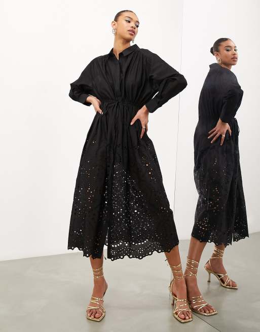 Asos Edition Sort Midi Skjortekjole Med Løbesnor Og Kant I Broderie