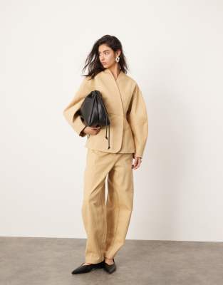ASOS EDITION twill jacket with ovoid sleeve and cinched waist in light brown - part of a set ...