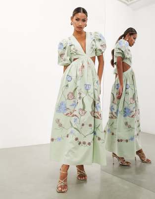 ASOS EDITION - Vestito midi verde salvia a fiori con ricami e cut-out ...