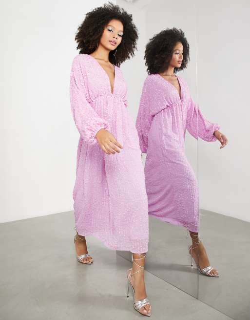 Asos Edition Zebrana W Talii Zdobiona Różowa Sukienka Midi Asos