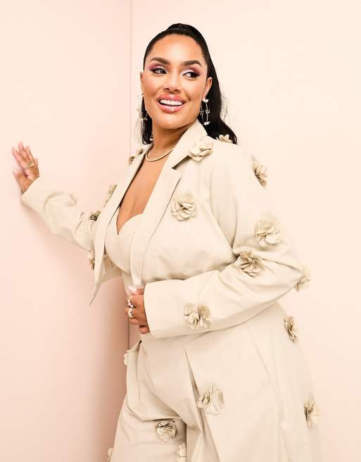Asos Luxe Curve 3 Piece 3d Flower Crop Blazer In Stone Asos