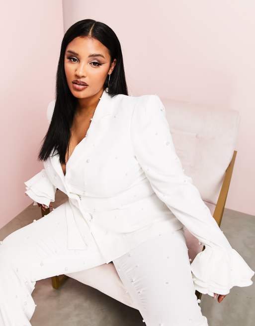 Asos Luxe Curve Blazer Da Abito Bianco Con Polsini Arricciati E Perle