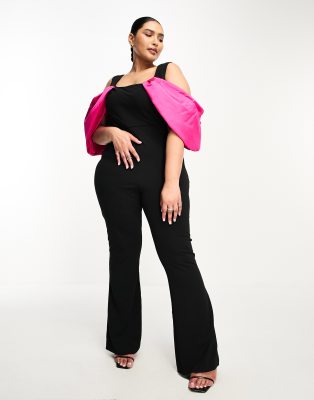 ASOS LUXE Curve contrast dramatic sleeve kick flare jumpsuit in black ...