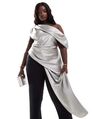 ASOS LUXE Curve exaggerated drape satin top in silver - part of a set ...
