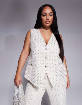 ASOS LUXE Curve - Gilet de tailleur d'ensemble ornementé en bouclé avec nœud dans le dos - Crème ...
