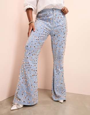 ASOS LUXE Curve jewel embellished denim flared jeans in mid wash blue ...