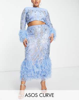 ASOS LUXE Curve - Jupe d'ensemble mi-longue ornée de pierres fantaisie avec ourlet en plumes ...
