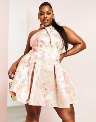 ASOS LUXE Curve - Robe courte et fluide en jacquard fleuri à dos nu - Rose | ASOS