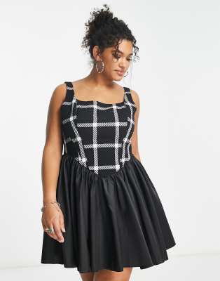 ASOS LUXE Curve - Robe patineuse courte satinée en bouclé avec encolure carrée et détail corset ...
