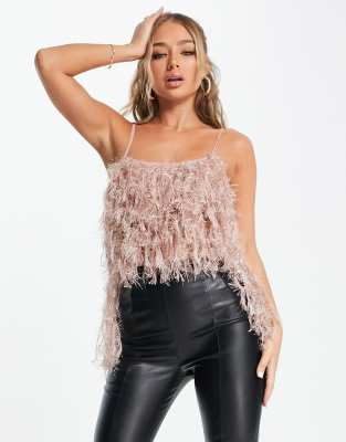 ASOS LUXE faux feather low back cami body in mink | ASOS