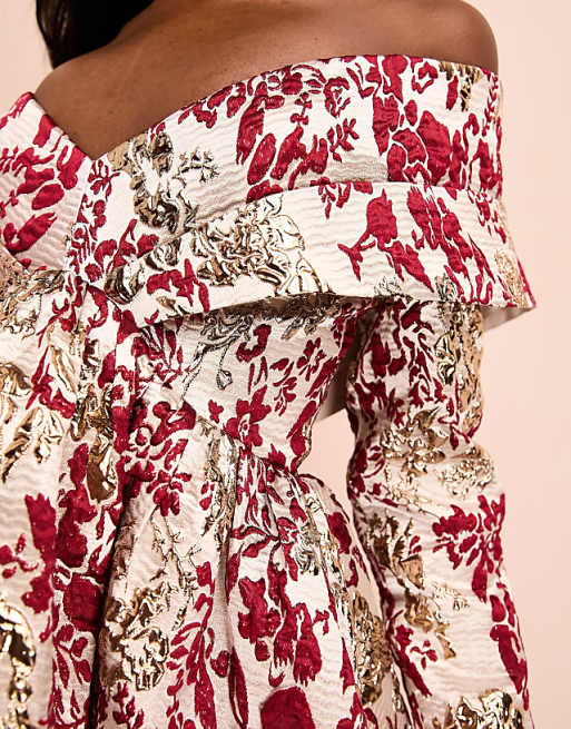 ASOS LUXE jacquard off-shoulder mini skater dress in ASOS LUXE jacquard off-shoulder mini skater dress in