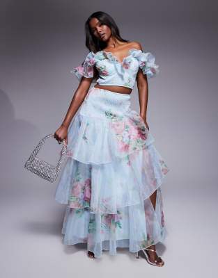 ASOS LUXE - Jupe longue d'ensemble en mousseline froncée - Bleu fleuri | ASOS