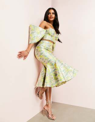 ASOS LUXE - Midi rok van jacquard met godet-detail in bloemenprint ...