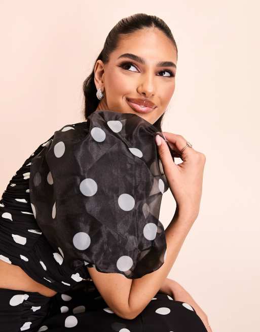 Asos Luxe One Shoulder Blouson Sleeve Polka Dot Organza Top In