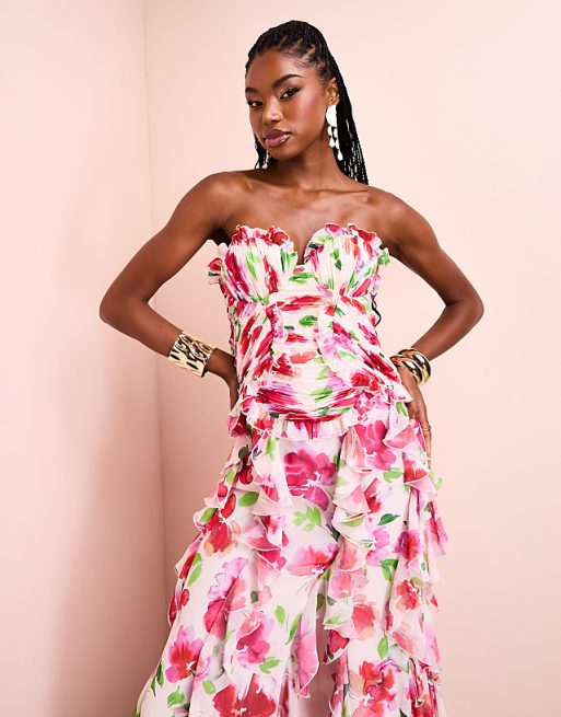ASOS LUXE organza ruched bandeau maxi dress with ruffle ASOS LUXE organza ruched bandeau maxi dress with ruffle