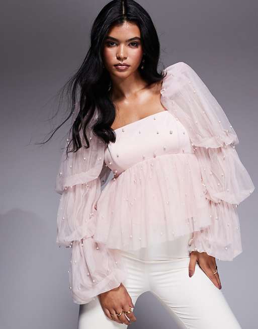 ASOS LUXE tulle babydoll top with pearl embellishment in ASOS LUXE tulle babydoll top with pearl embellishment in