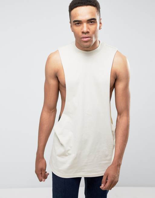 Asos Sleeveless Longline T Shirt With Dropped Armhole In Beige Asos