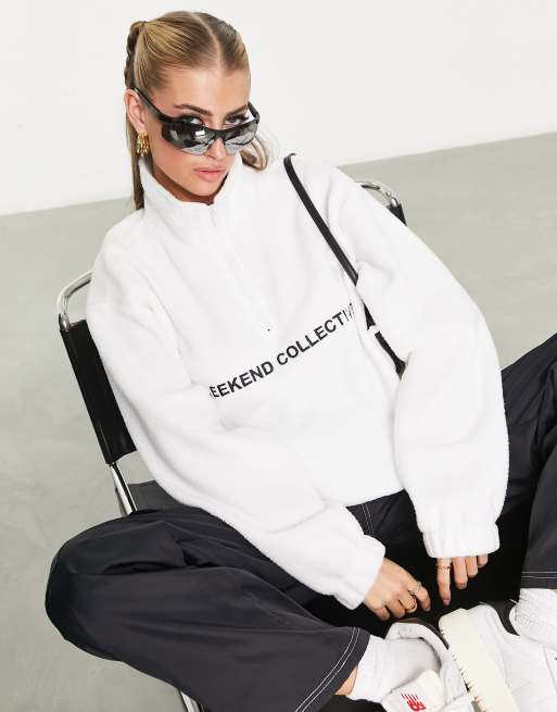 ASOS Weekend Collective half zip fleece with logo in white | ASOS