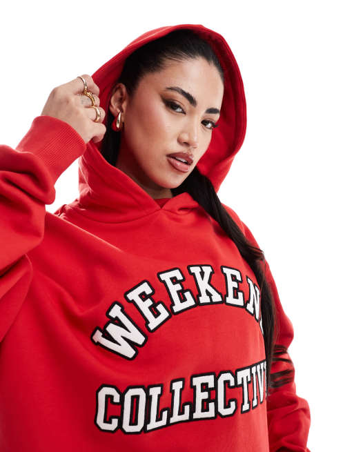 Asos Weekend Collective Oversized Hoodie With Varsity Logo In Red Asos