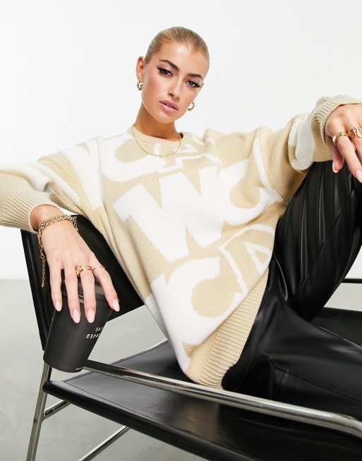 Asos Weekend Collective Oversized Sweater In Stone Logo Knit Asos