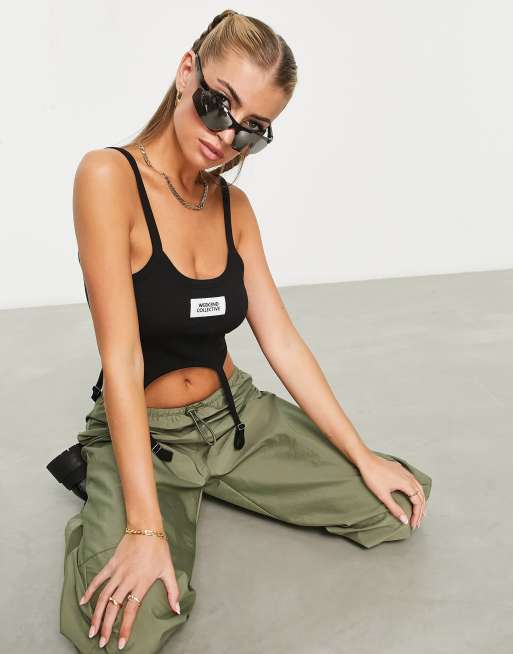 Asos Weekend Collective Rib Vest Top With Suspender Detail In Black Asos