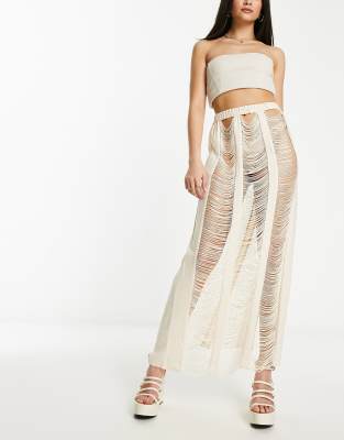 Asyou Low Rise Side Split Ladder Maxi Skirt In Ecru-white | ModeSens