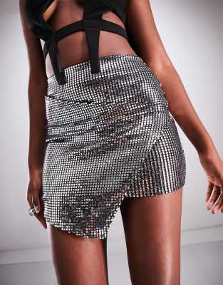 ASYOU - Mini rok met overslag en vierkante lovertjes in zilver, deel ...