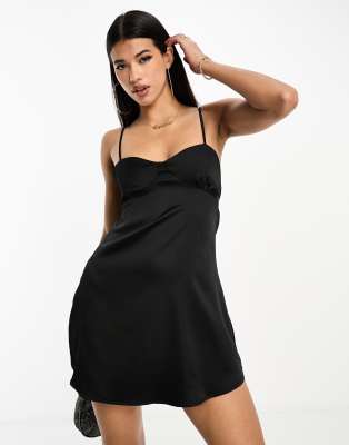 ASYOU ruched strap back bust cup satin skater dress in black | ASOS