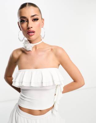 ASYOU ruffle detail bandeau top with flower corsage neck tie in white ...