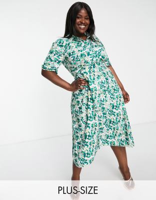 Ax Paris Plus Shirt Dress In Green Floral | ModeSens