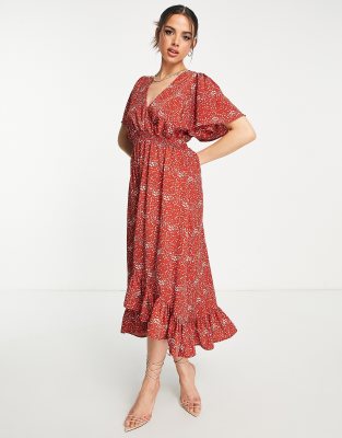 Ax Paris Wrap Floral Midi Dress In Red Modesens