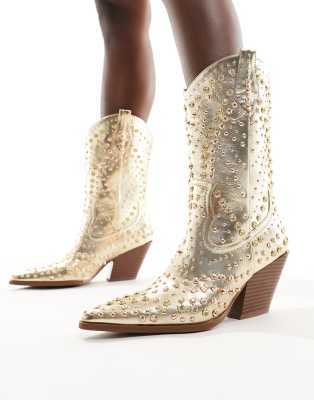 Azalea Wang Appease embellished western boots in gold | ASOS