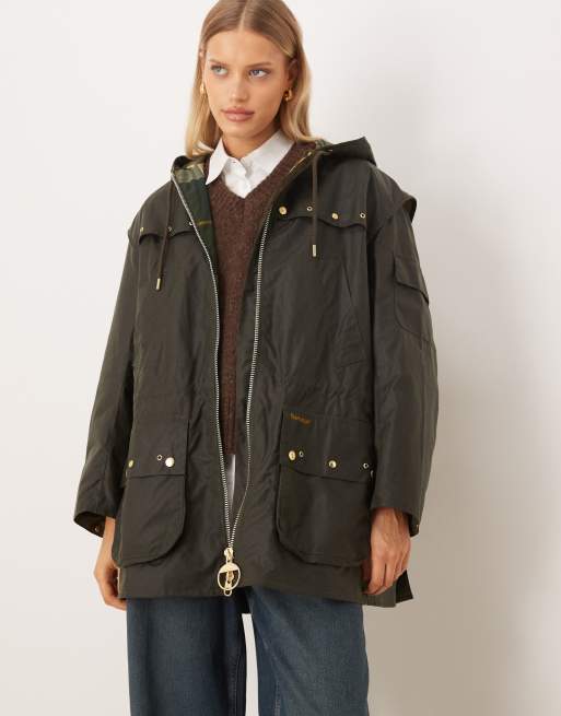Barbour Aberford wax jacket with hood and popper details in olive green ...
