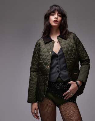 Barbour Annandale Olivgrune Steppjacke mit Rautenmuster und Cordkragen