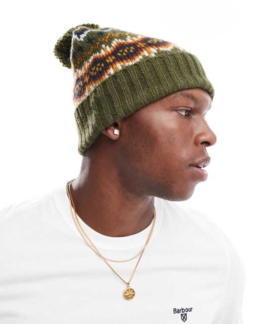 Barbour fairisle bobble beanie in green | ASOS