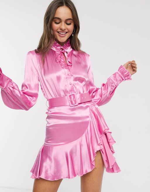 Bardot Belted Satin Mini Dress In Pink Asos