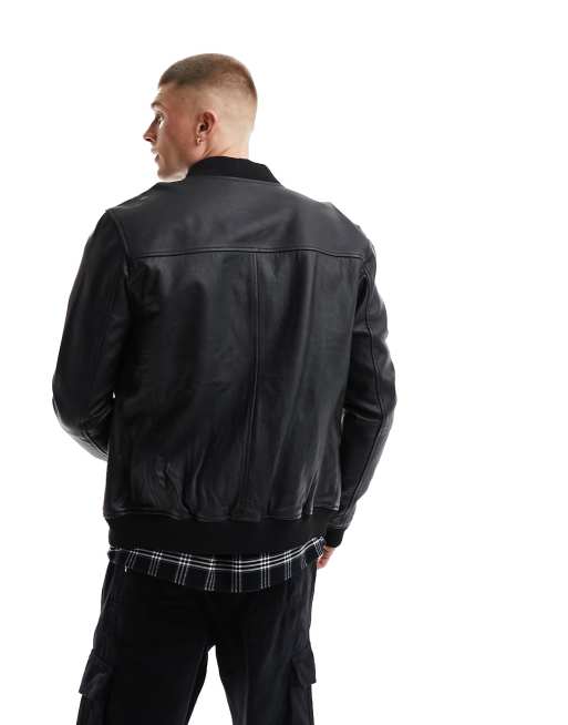 Barney's Originals leather bomber jacket in black | ASOS