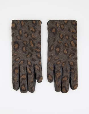 Barney's Originals leopard print & real leather gloves in grey | ASOS