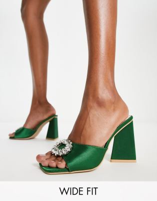 Be Mine Wide Fit Mercyy mules with embellishment in emerald | ASOS