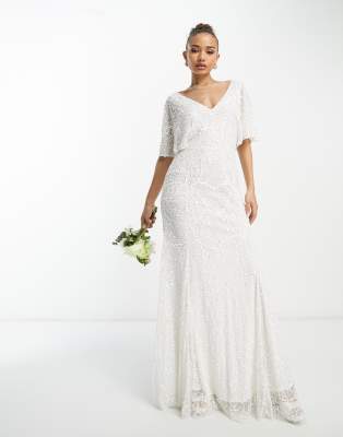Beauut Bridal allover embellished beaded maxi dress with frill detail in white | ASOS