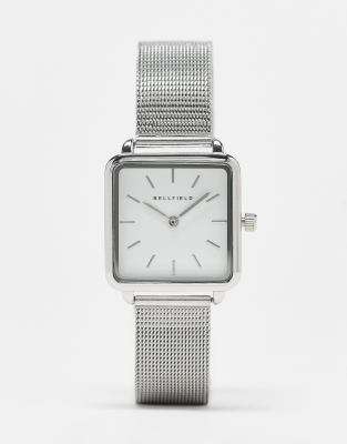 Bellfield stainless steel mesh strap watch with square face in silver ...